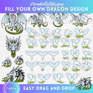 Dragon Canva Frames Bundle, Fire Dragon, Flying Dragon Design, Medieval ...