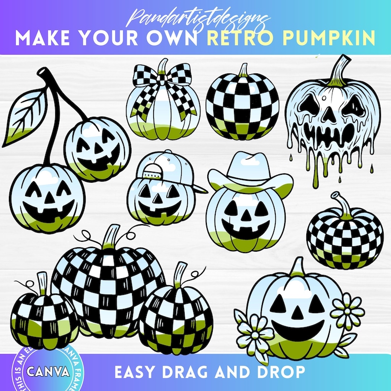 Retro Pumpkin Bundle Canva Frame Template, Checkered Pumpkin Clipart ...
