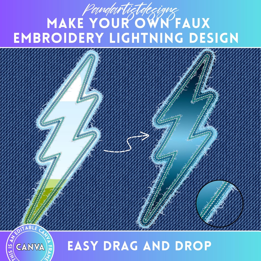 Digital Stitch Lightning Bolt PNG, Faux Embroidery Applique, Easy Drag ...