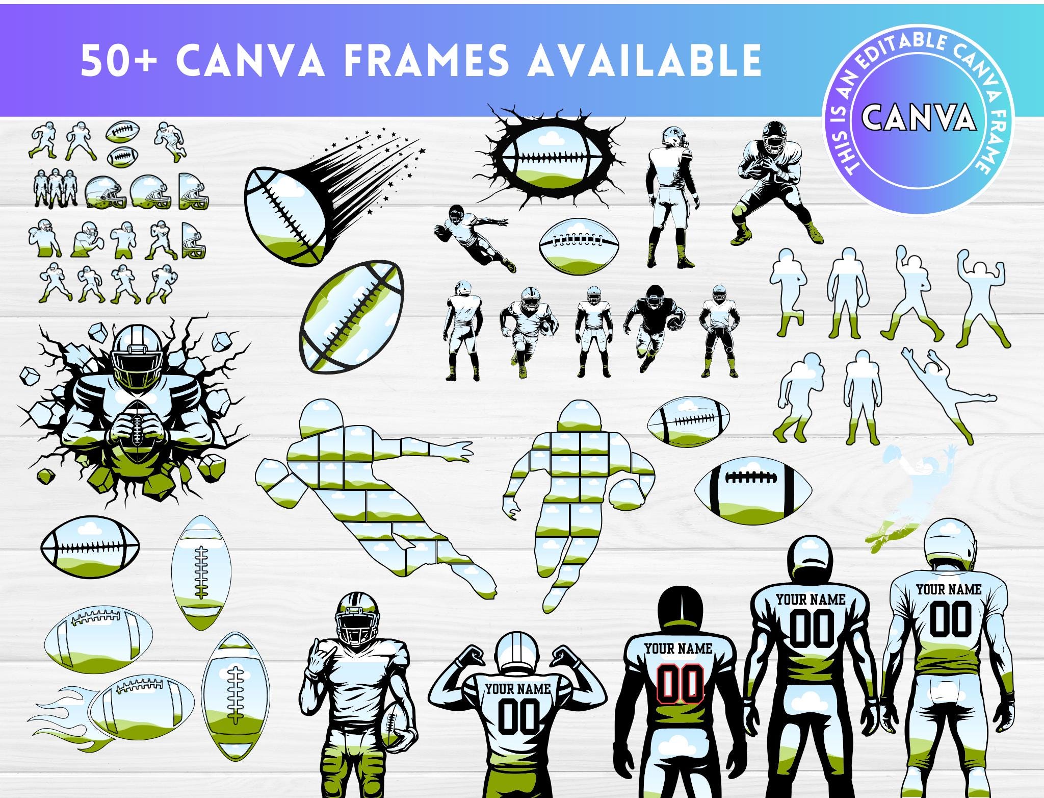 American Football Editable Canva Frames Bundle, Custom Football Player ...