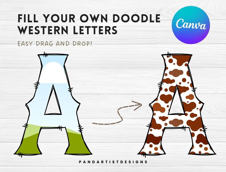 Fill Your Own Doodle Western Letters on CANVA With Easy Drag - Etsy