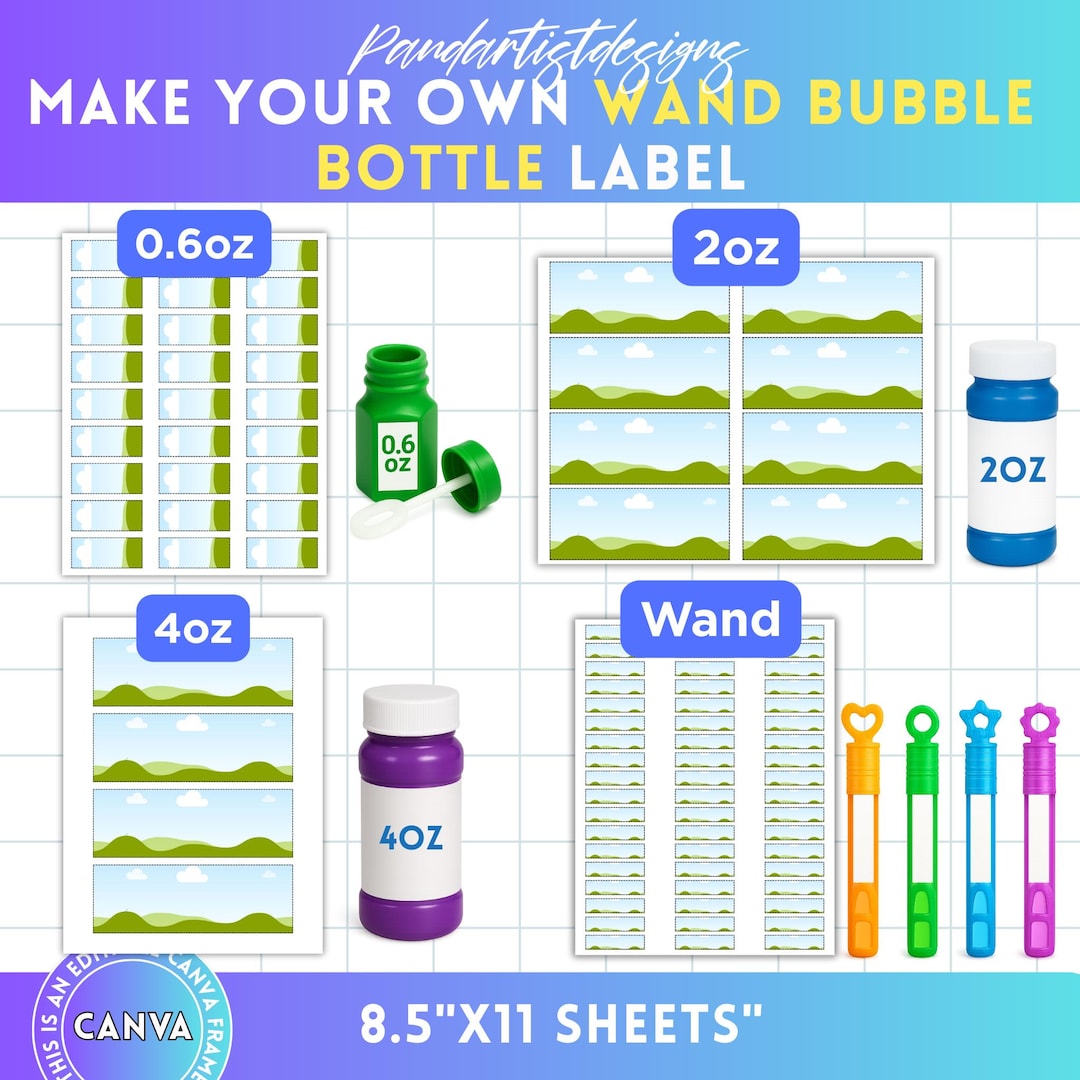 Bubble Bottle Label Bundle Template, 0.6 Oz, 2 Oz, 4 Oz Bubble Bottle ...