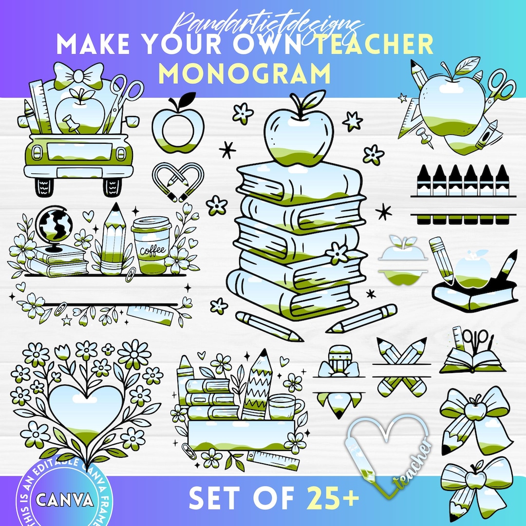 Teacher Monogram Canva Frames Bundle, Custom Name Teacher Design ...
