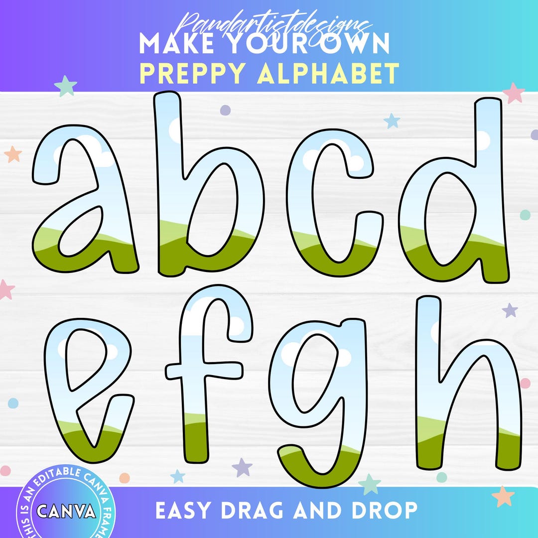 Preppy Alphabet Canva Frame, Fillable Doodle Letters and Numbers, Drag ...