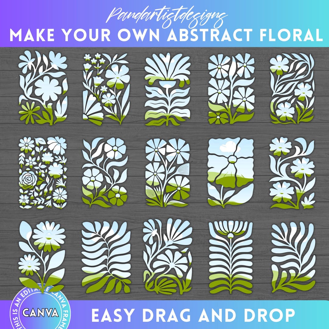 Abstract Flower Editable Canva Frame Bundle, Danish Flower Design, Boho ...