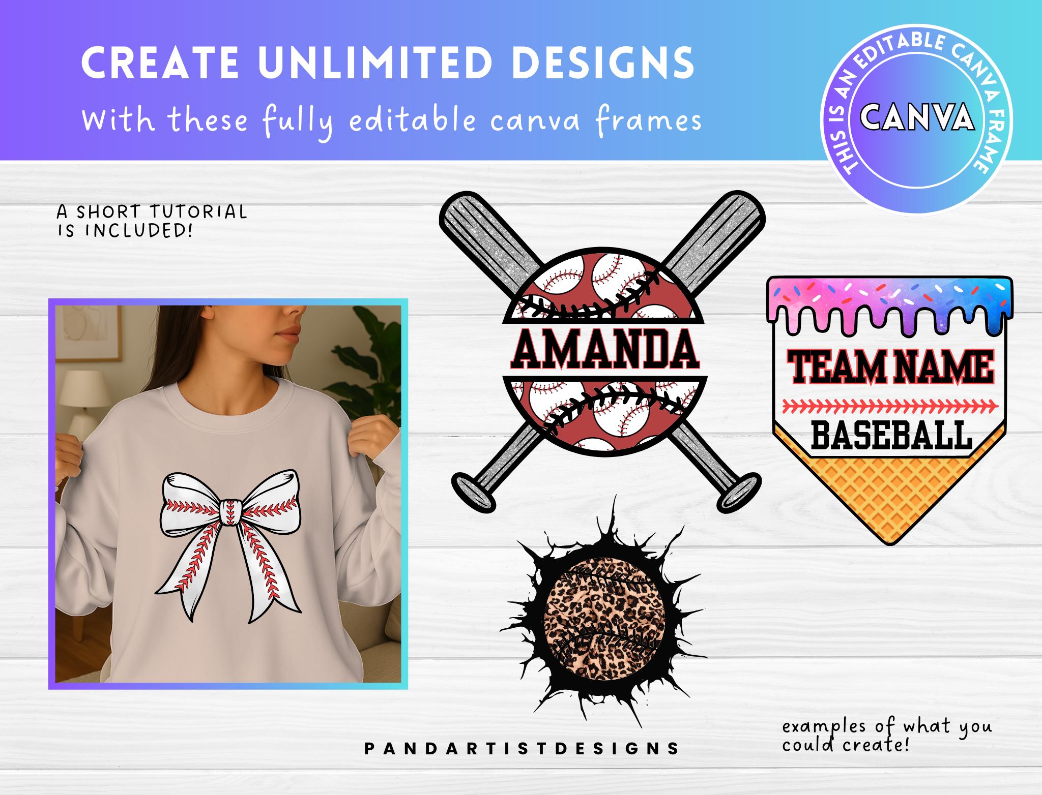 Baseball Editable Canva Frames Bundle, Baseball Coquette Bow, Drag and ...