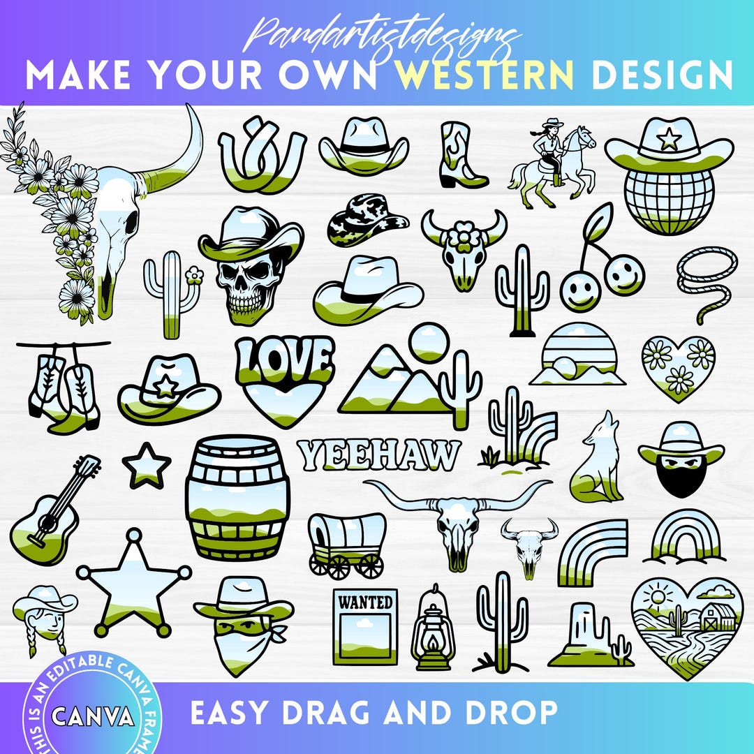 Retro Western Canva Frames Bundle, Groovy Cowboy Designs, Cowgirl ...