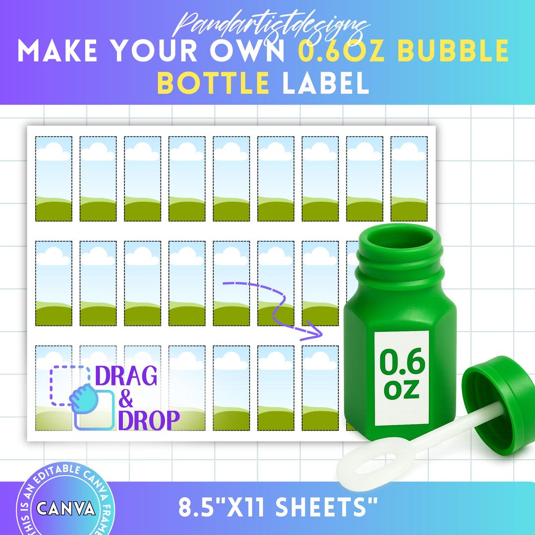 0.6oz Bubble Bottle Label Editable Canva Template, Kids Party Favor ...