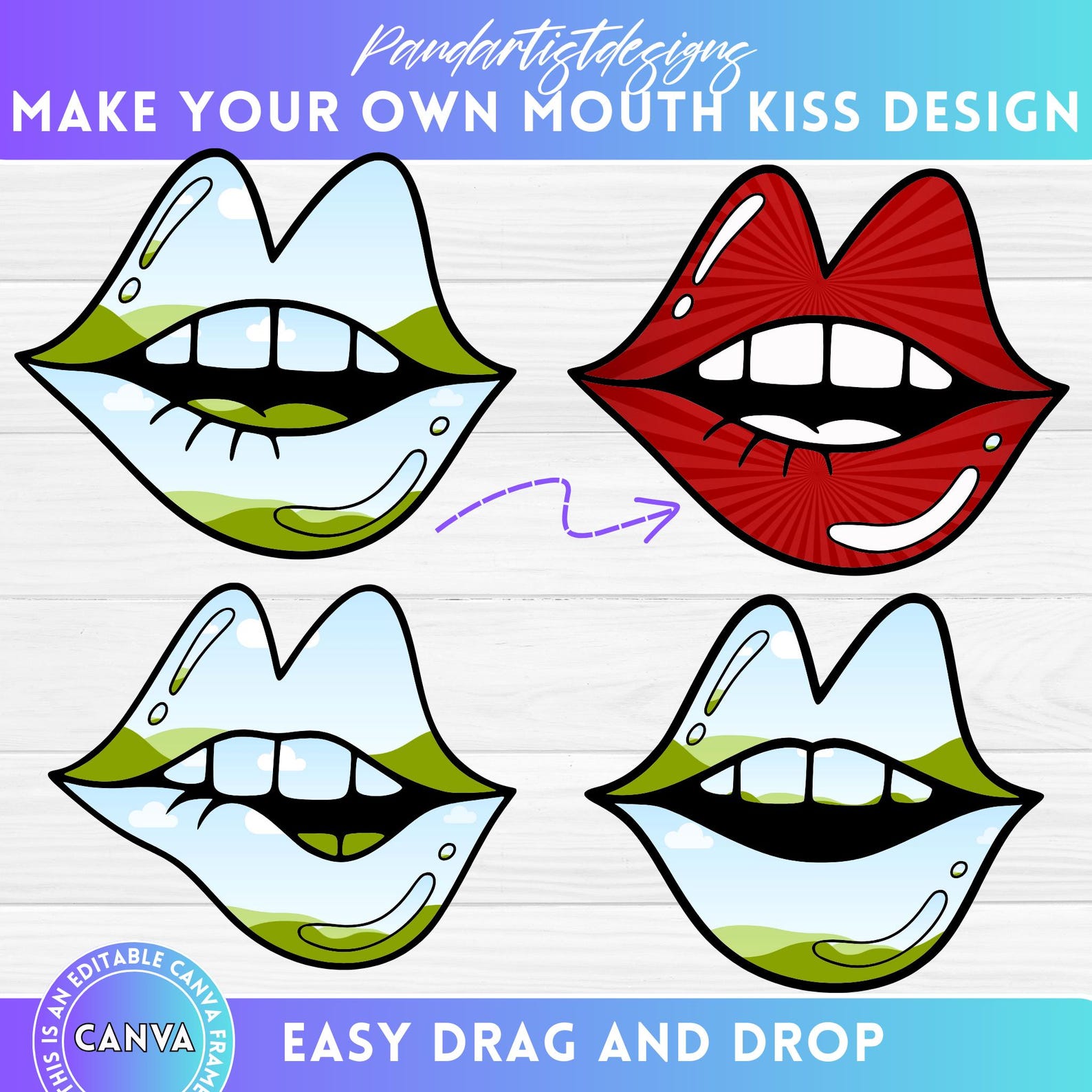 Retro Lips and Kiss Canva Frames Bundle, Editable CANVA Template ...