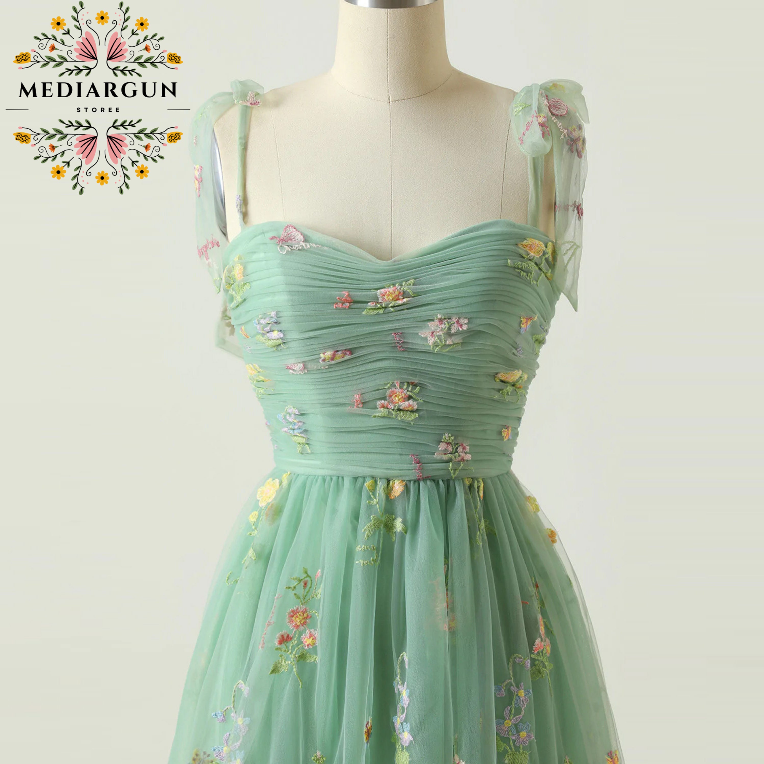 Green Floral Embroidered Tulle Slip Dress Maxi French Vintage Dress ...