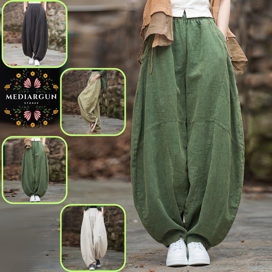 Sarouel ample en lin lavé pour femme, pantalon large rétro en lin et coton à taille élastique ...