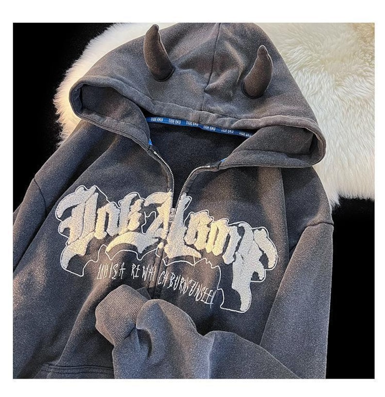 Y2k Streetwear Zip Up Hoodie With Horns Etsy Uk