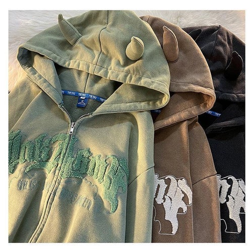 Y2k Streetwear Zip Up Hoodie With Horns Etsy Uk