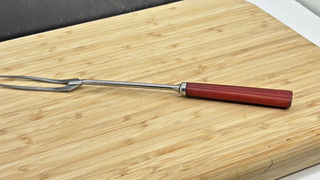 Vintage Red Bakelite & Stainless Kitchen Utensil Long Handle Meat Fork ...