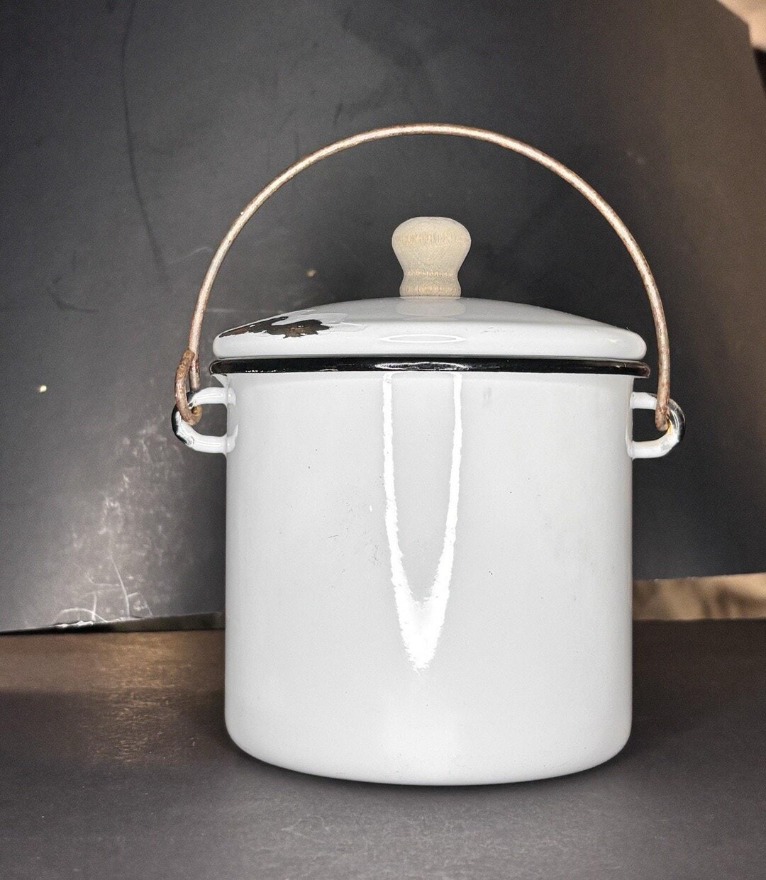 Antique Berry Bucket 5" Small White Enamelware W/ Lid and Bail Handle ...