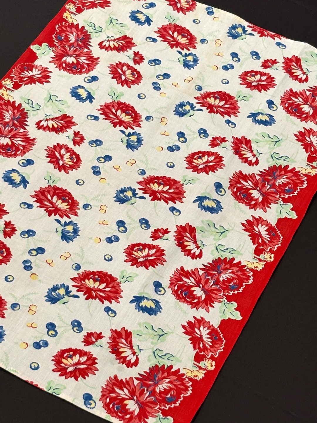 Vintage Floral Kitchen Towel: Bright Red & Blue Print - Etsy