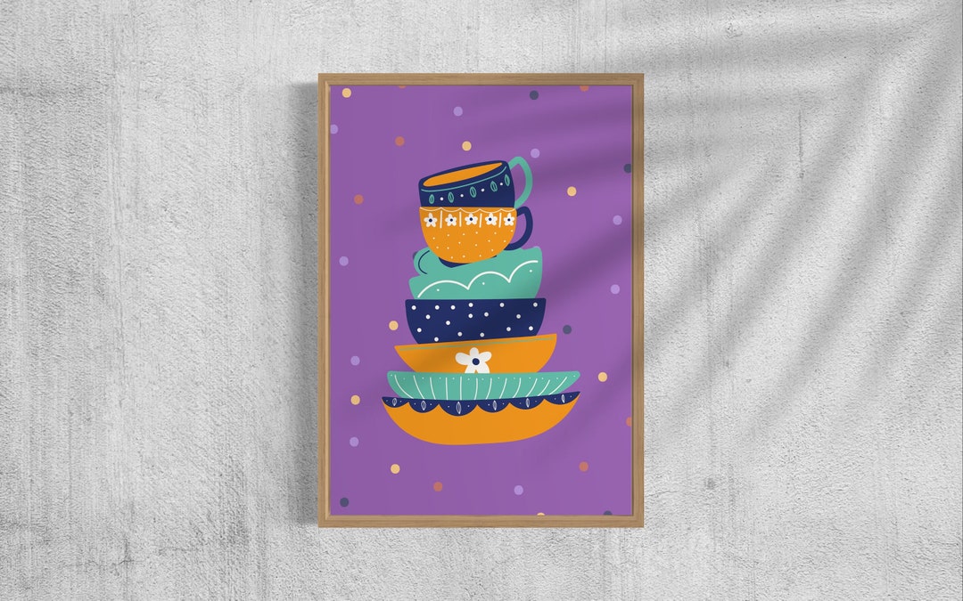 Poster of Piled Ceramic Crockery on a Purple Background, Kitchen Art ...