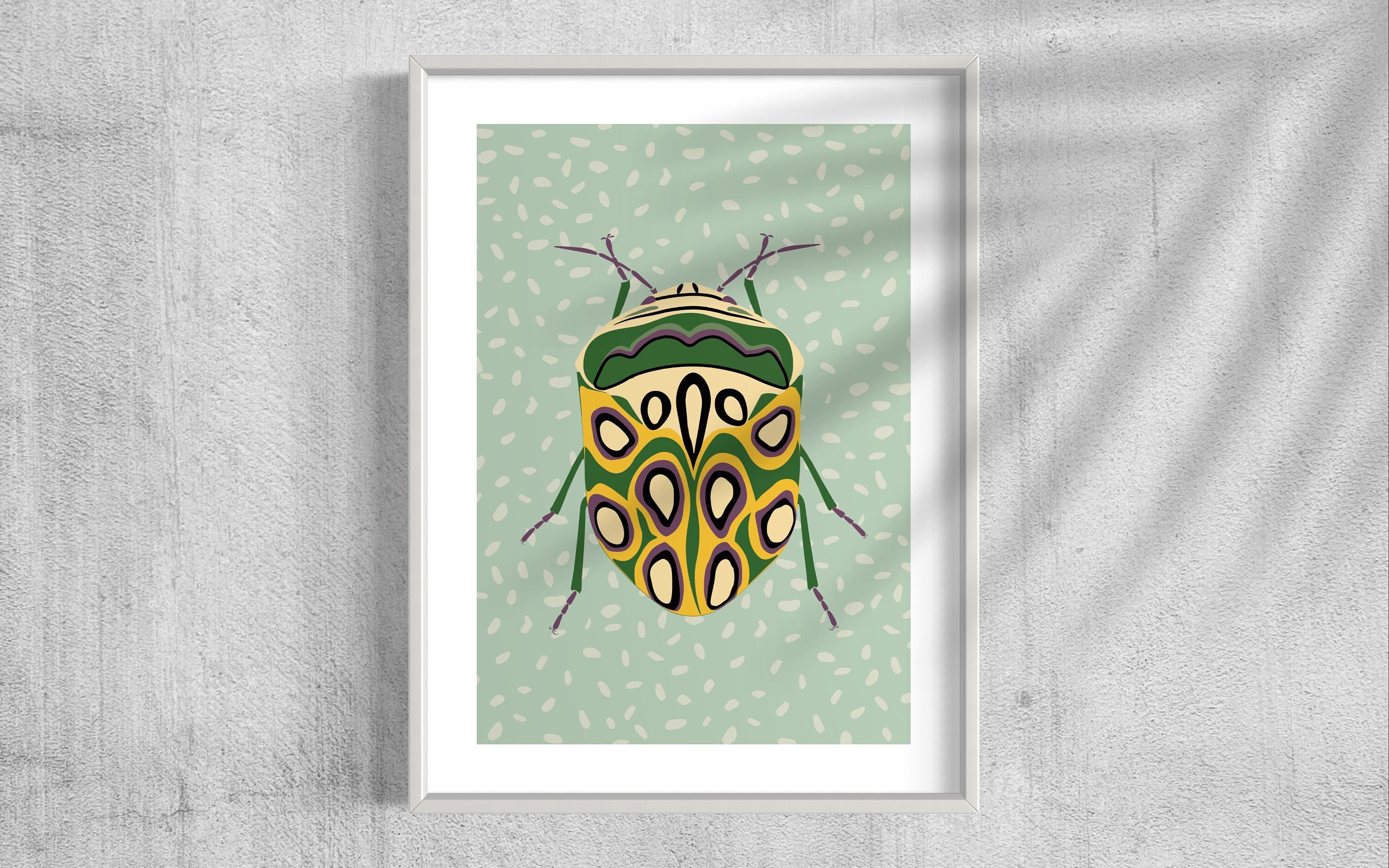 Portrait of a Green, Yellow and Beige Beetle on a Pastel Green ...