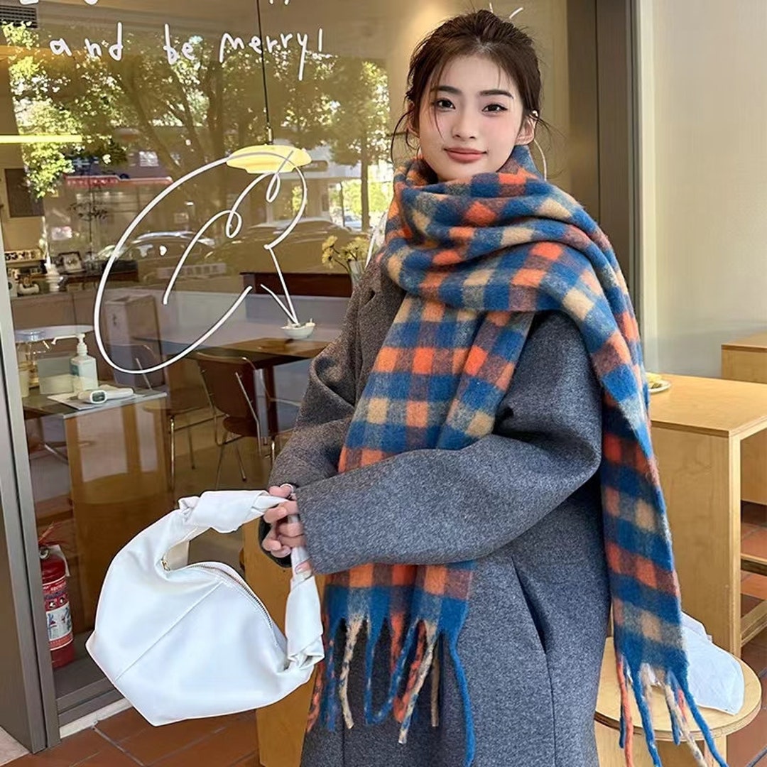 Blue Orange Plaid Scarf, Knitted Soft Scarf, Warm Scarf, Birthday Gift ...