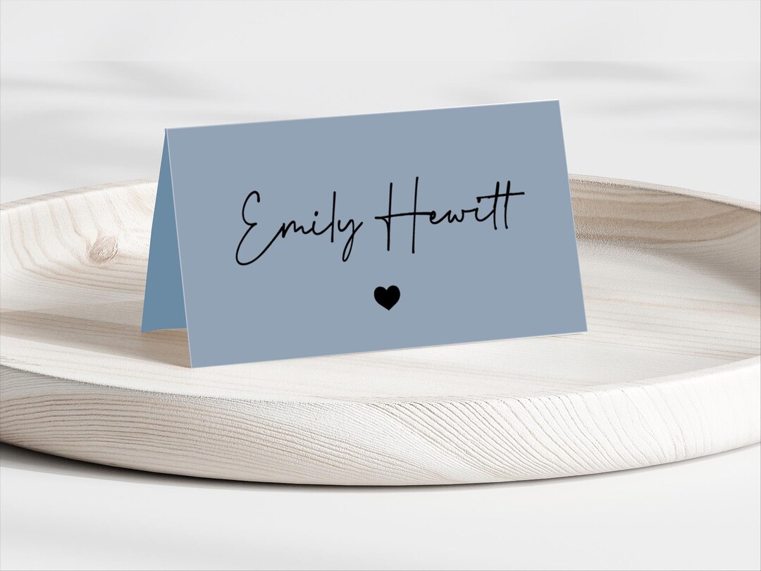 Personalised Dusty Blue Place Cards With Hearts Custom Wedding Place ...