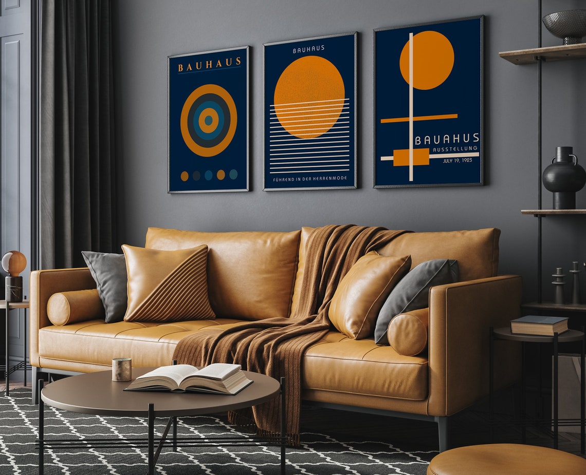 Set of 3 Bauhaus Navy Blue Orange Poster Mid-century Museum Modern Art ...