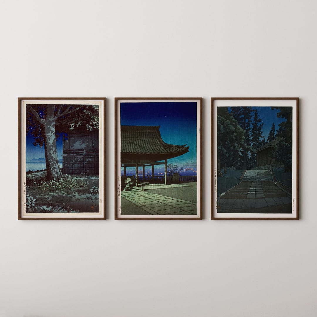 Kawase Hasui Night Shin-hanga Art Print Trio: Lake Hachirogata, Kozu ...