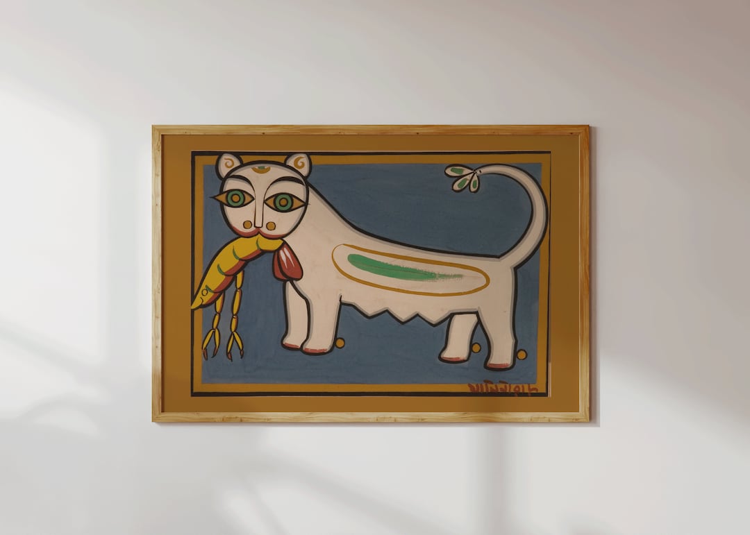 Jamini Roy Cat and Shrimp Bengali Art available Handframed or Unframed ...