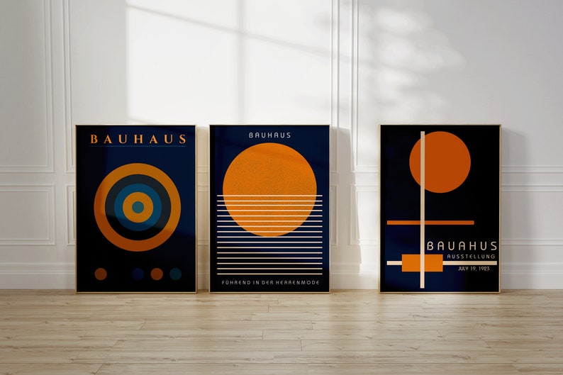 Set of 3 Bauhaus Navy Blue Orange Poster Mid-century Museum Modern Art ...