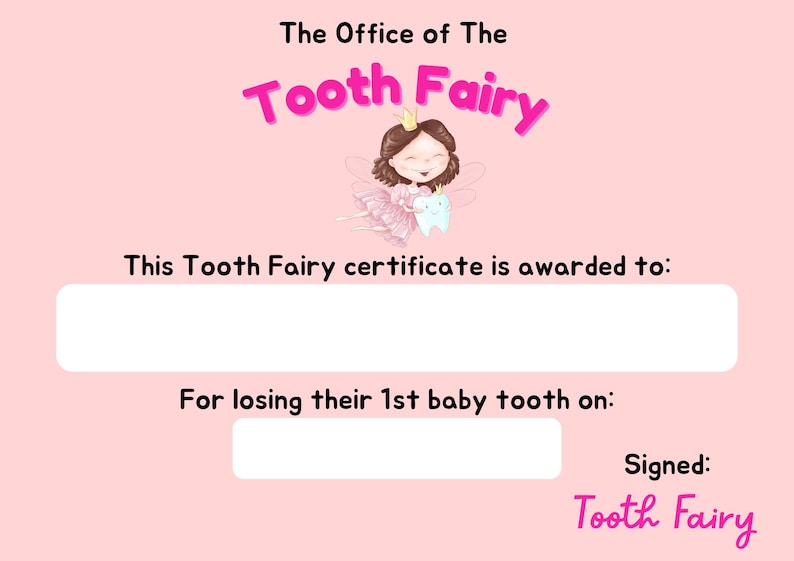 Tooth Fairy First Tooth Certificate: Printable Keepsake (digital ...