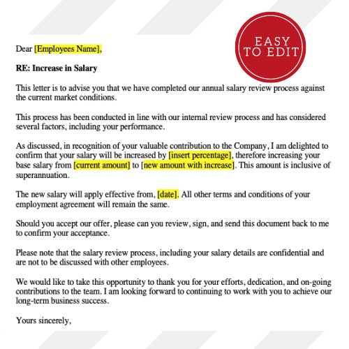 Increase in Salary Letter Template From Employer to Employee, Word ...
