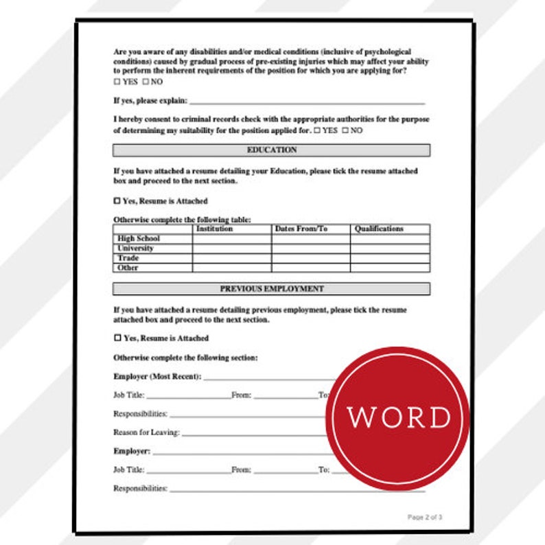 Employment Application Template, Hiring Form (word Doc) - Etsy