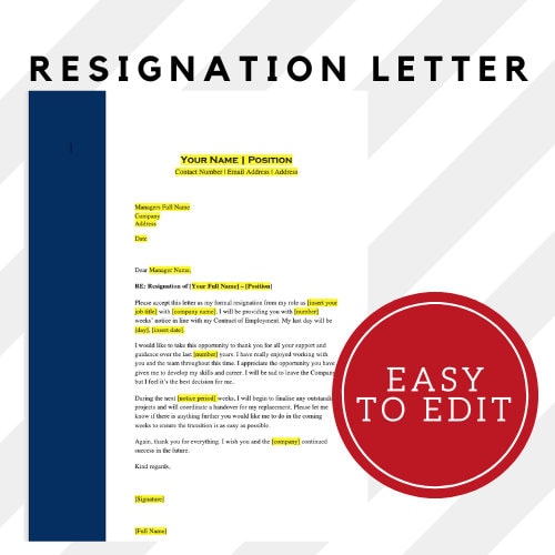 Resignation Letter Template Professional Resignation Letter - Etsy UK