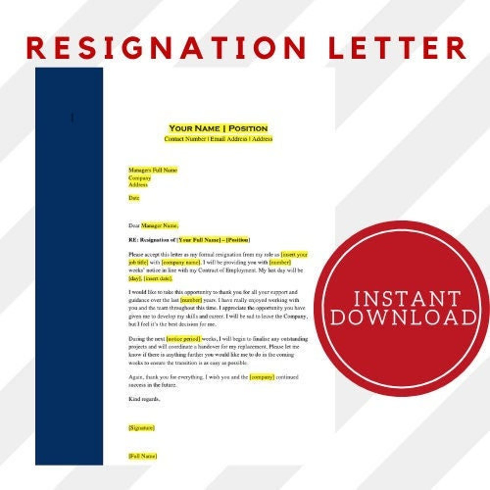 Resignation Letter Template Professional Resignation Letter - Etsy ...