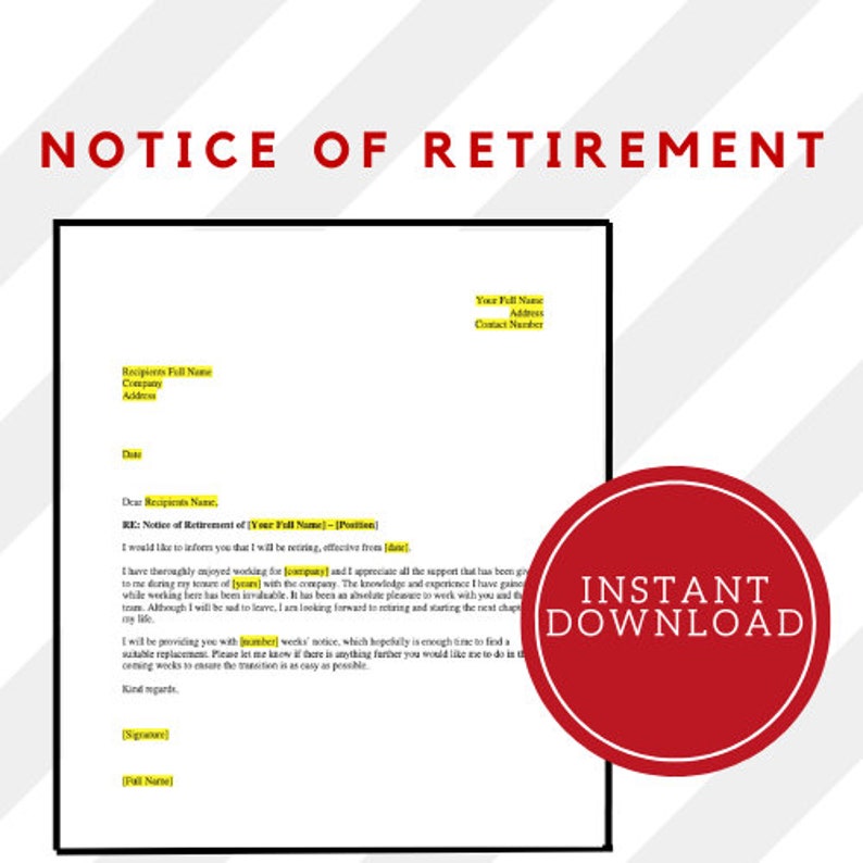 Retirement Letter Template, Notice to Employer (digital Download) - Etsy