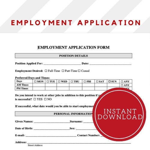 Employment Application Template, Hiring Form (word Doc) - Etsy