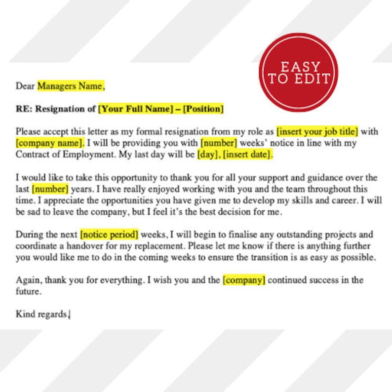 Professional Resignation Letter Template, HR Approved (digital Download ...