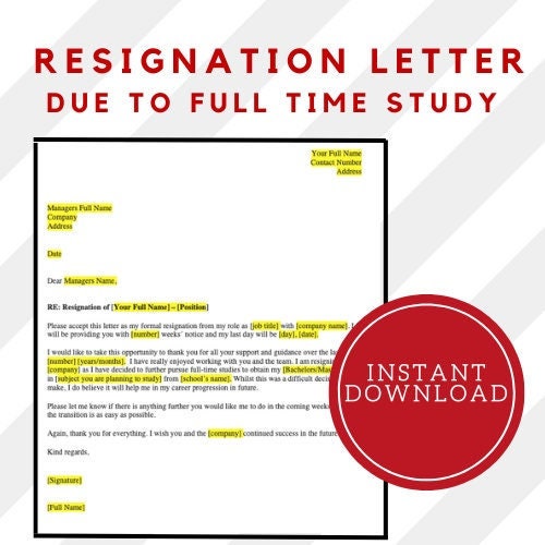 Resignation Letter Template Due to Full Time Study, Professional ...