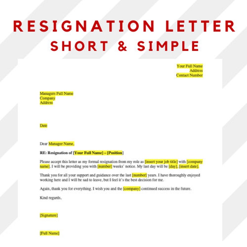 Resignation Letter Template Short & Simple, Professional Resignation ...