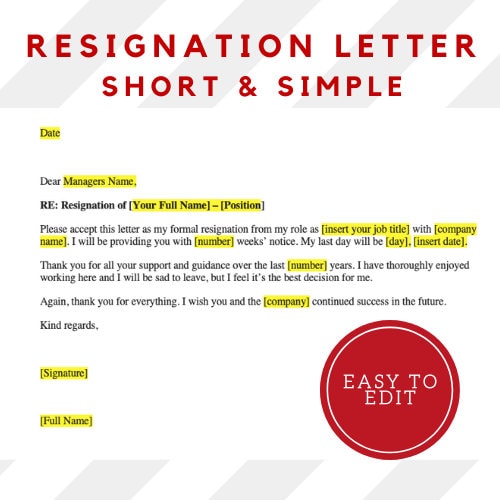 Resignation Letter Template Short & Simple, Professional Resignation ...