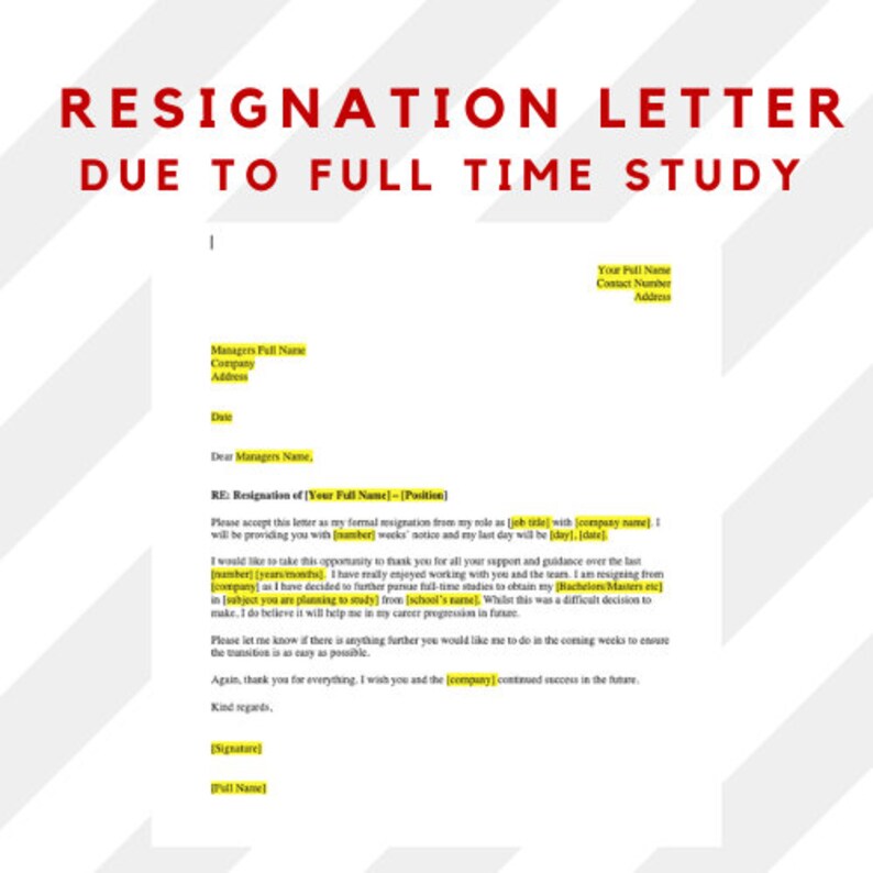 Resignation Letter Template Due to Full Time Study, Professional ...