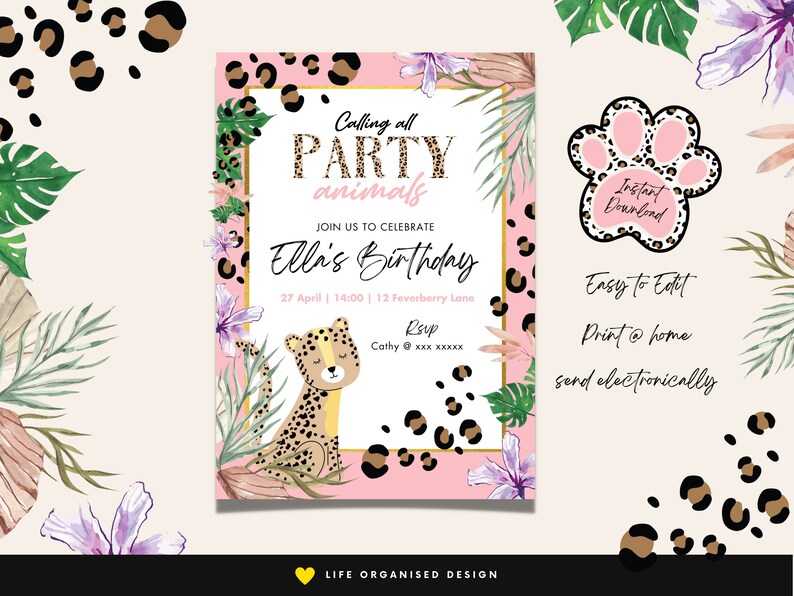 Editable Cute Wild Leopard Print Birthday Party Invitation - Etsy