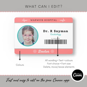 Kids Doctor ID Badge Printable Editable Hospital Staff ID Pretend Play ...