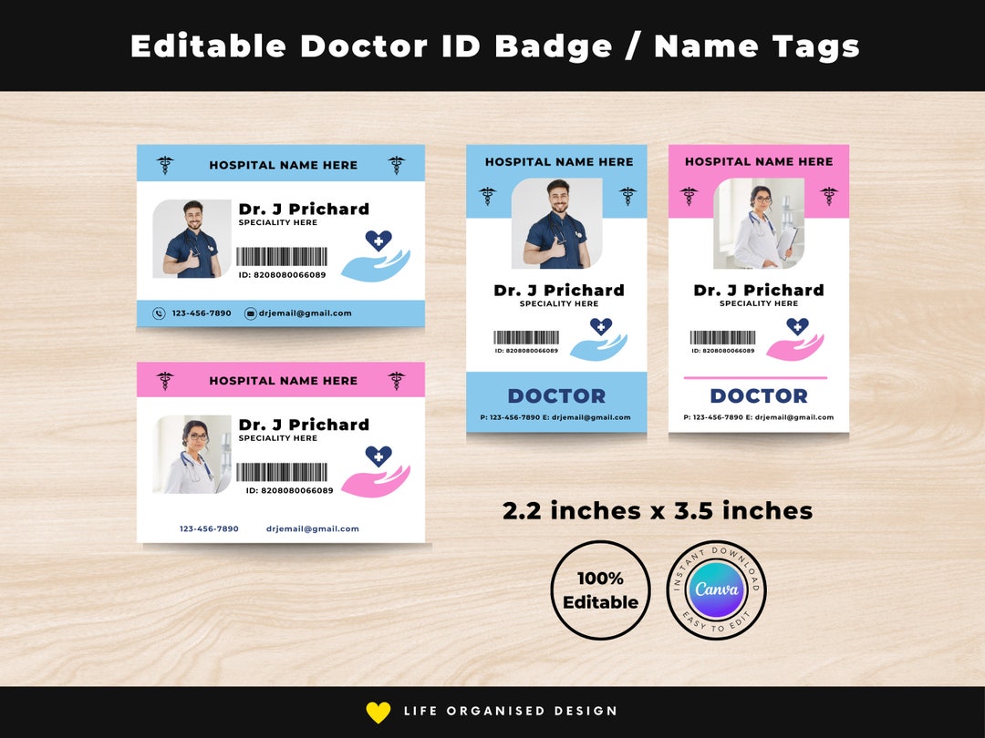 Doctor Name Tag Medical ID Card Editable Hospital Identification - Etsy