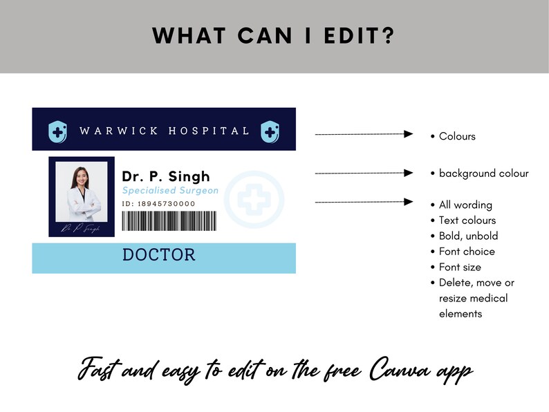 Doctor ID Badge Editable Hospital Staff ID Medical Identity - Etsy