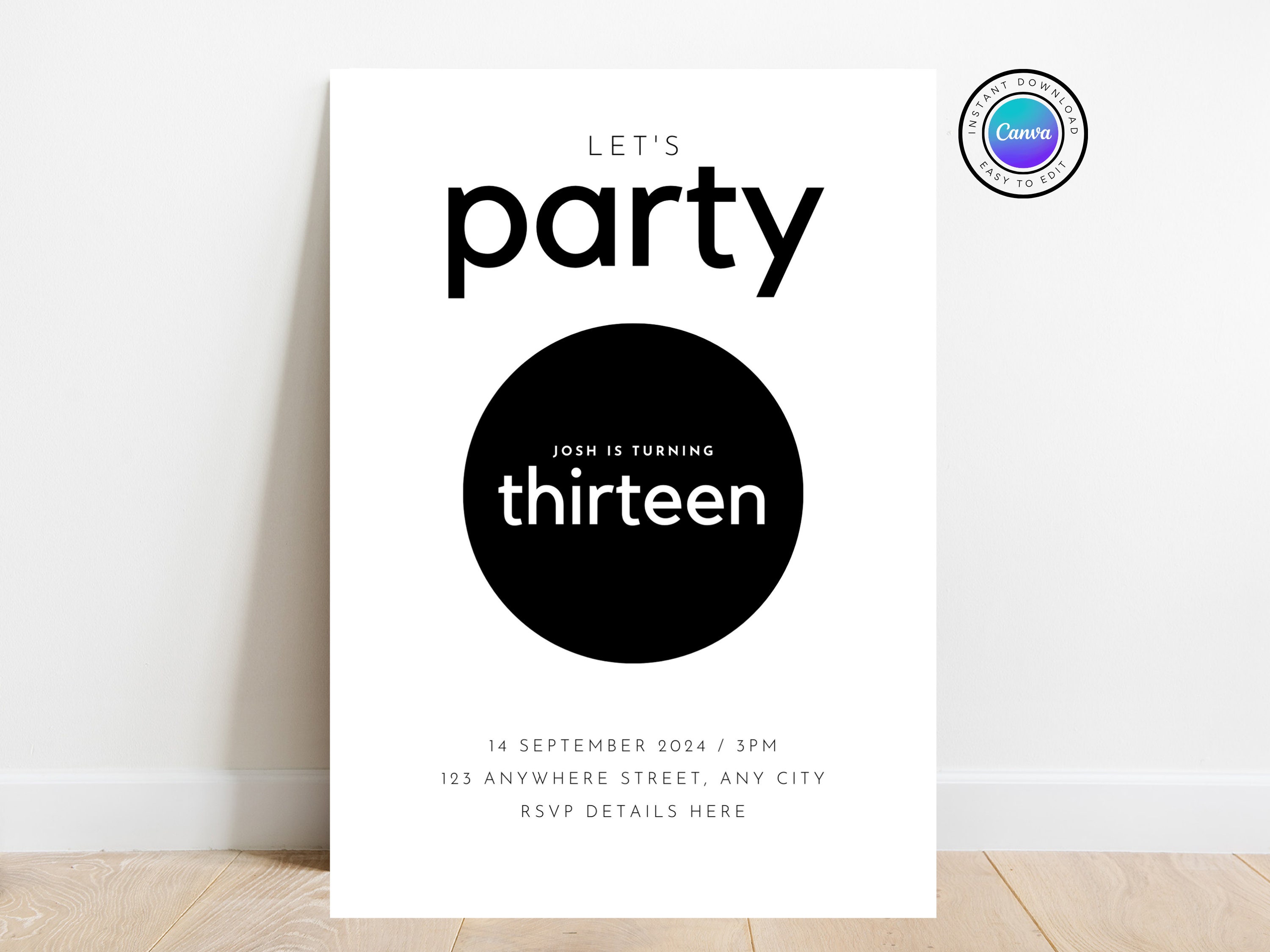 Teenage Boy Birthday Invitation Basic Black and White Invite for Teen ...