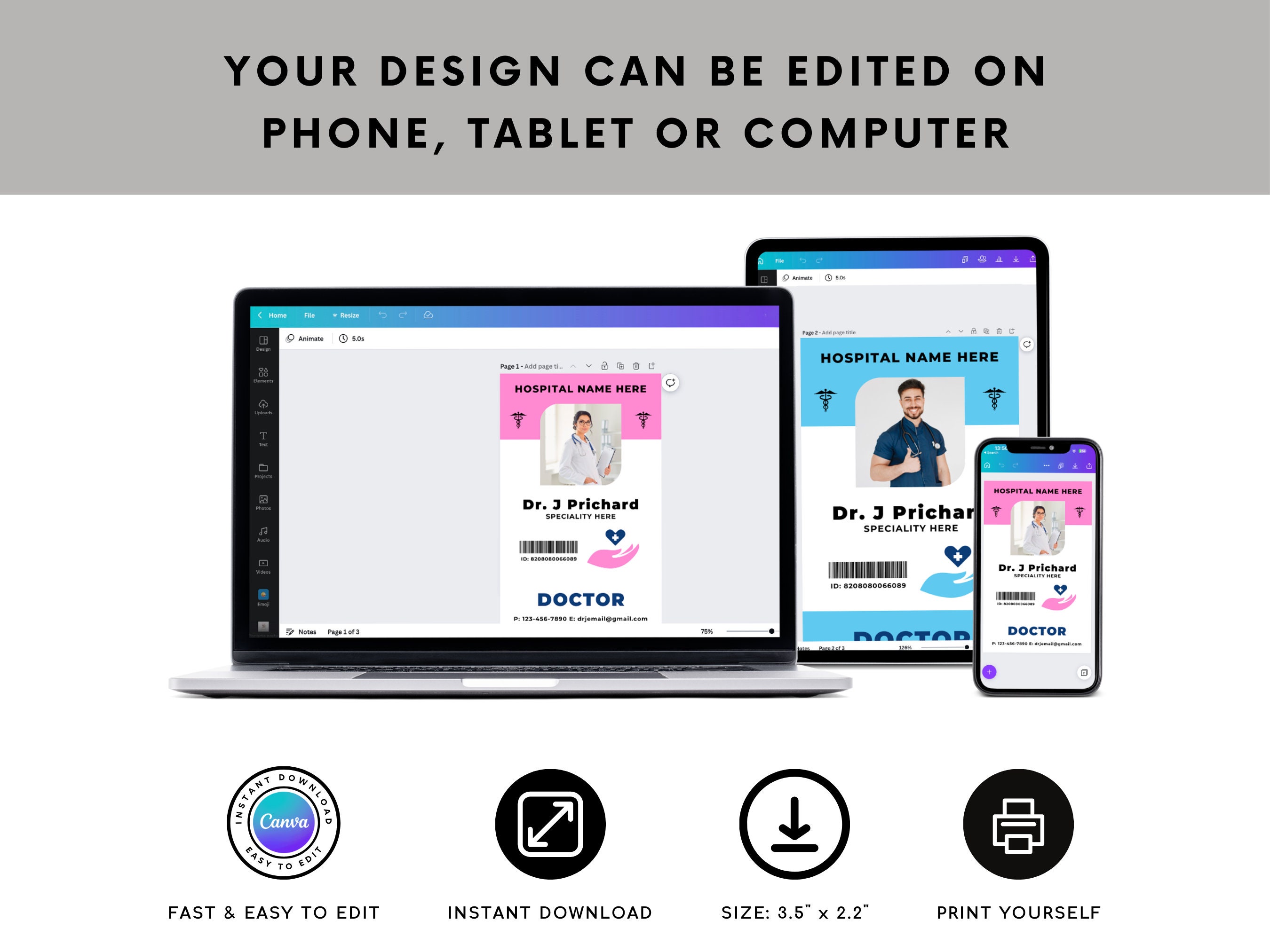 Doctor Name Tag Medical ID Card Editable Hospital Identification - Etsy