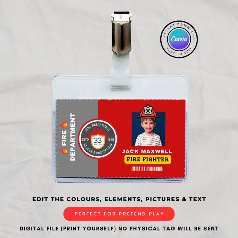 Kids Firefighter Name Badge Pretend Play Fire Department Tag Fireman ID ...