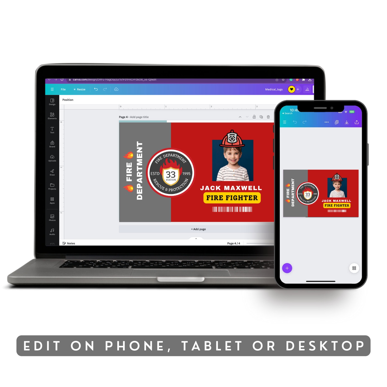 Kids Firefighter Name Badge Pretend Play Fire Department Tag Fireman ID ...