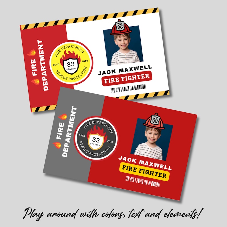 Kids Firefighter Name Badge Pretend Play Fire Department Tag Fireman ID ...