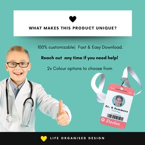 Kids Doctor ID Badge Printable Editable Hospital Staff ID Pretend Play ...